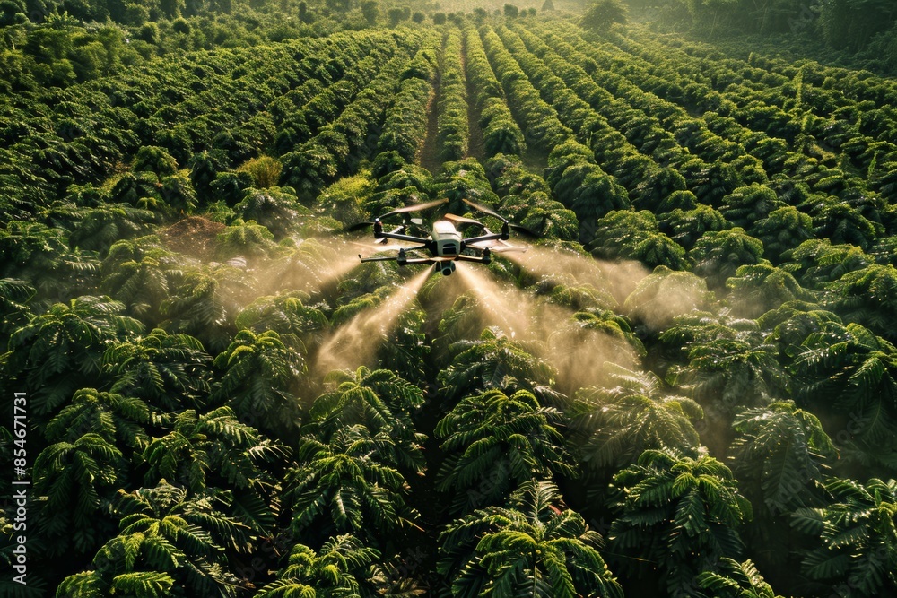 Agricultural drone spraying liquid fertilizers on a coffee plantation ...