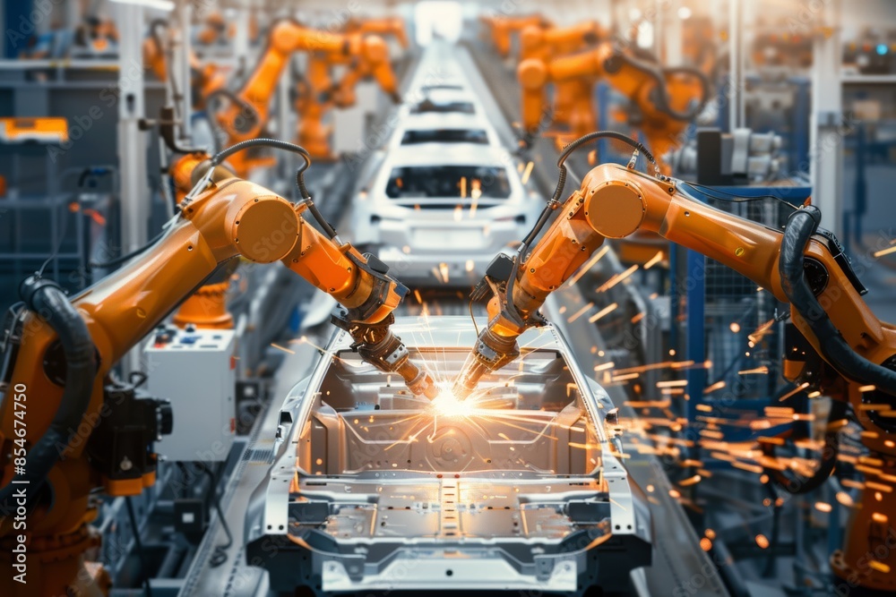Robotic arms welding car body frames on an automotive assembly line, contributing to the mass ...