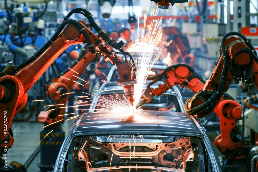 Robotic arms welding car body frames on an automotive assembly line, contributing to the mass ...