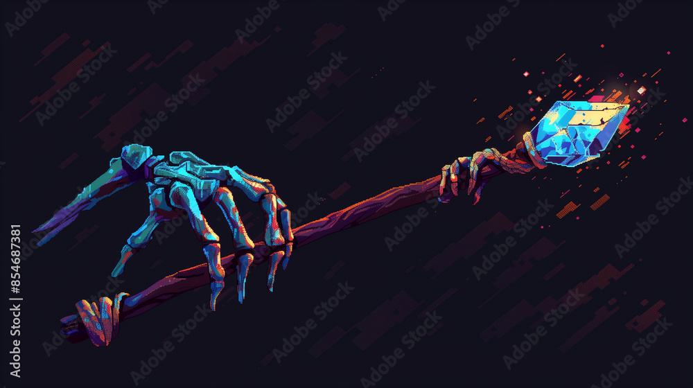 A pixel art mage staff with a skeletal hand grasping a dark crystal ...