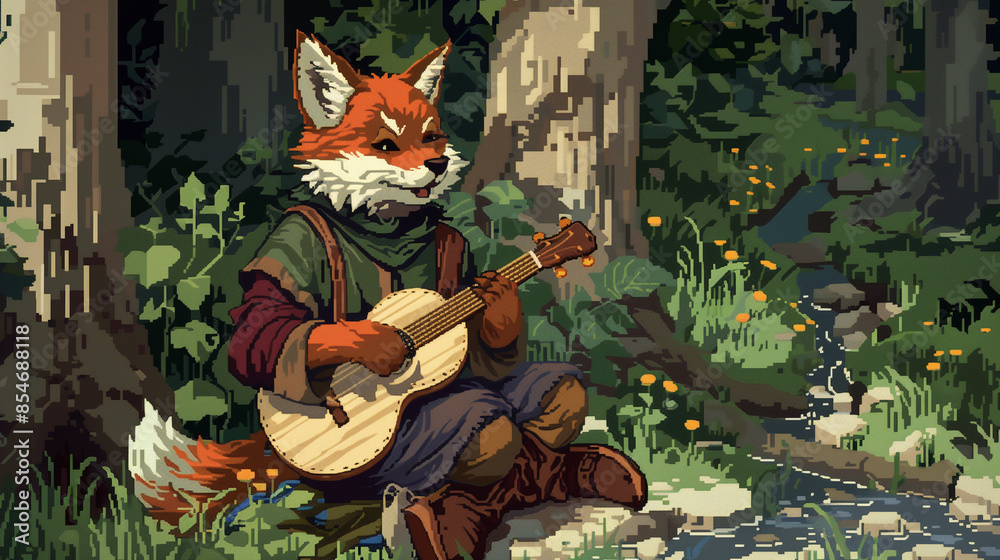 A pixel art fox-man character with a lute, performing as a traveling ...