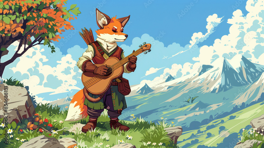 A pixel art fox-man character with a lute, performing as a traveling ...