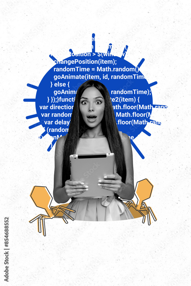 Vertical collage image young shocked amazed woman computer virus bugs ...