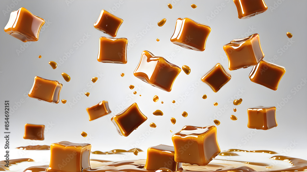 Flying caramel candies isolated on white background. Floating caramel ...