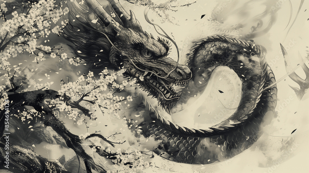 detailed monochrome dragon wrapped around a cherry blossom tree with ...
