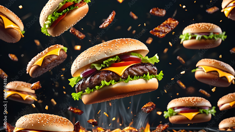 Grill burger, realistic 3d burgers falling in the air, grilled meat ...