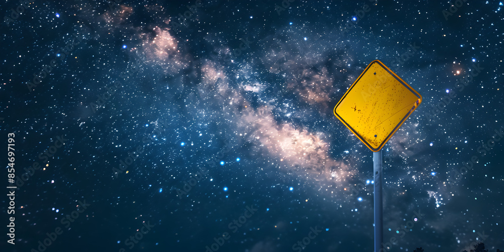 Tall blank yellow road safety sign board with blue shiny sky background ...