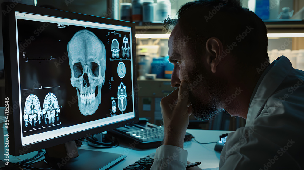 A radiologist carefully examines a detailed skull X-ray displayed on a ...