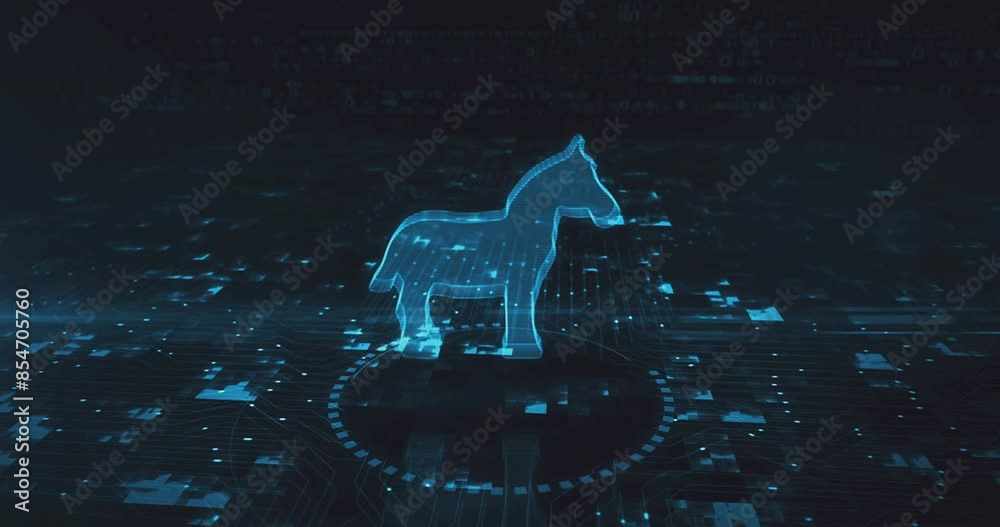 Trojan virus cyber crime and security breach hologram symbol appears on ...