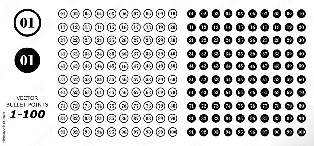 bullet numbers from 1 to 100 vector set (solid fill). digital bullet ...