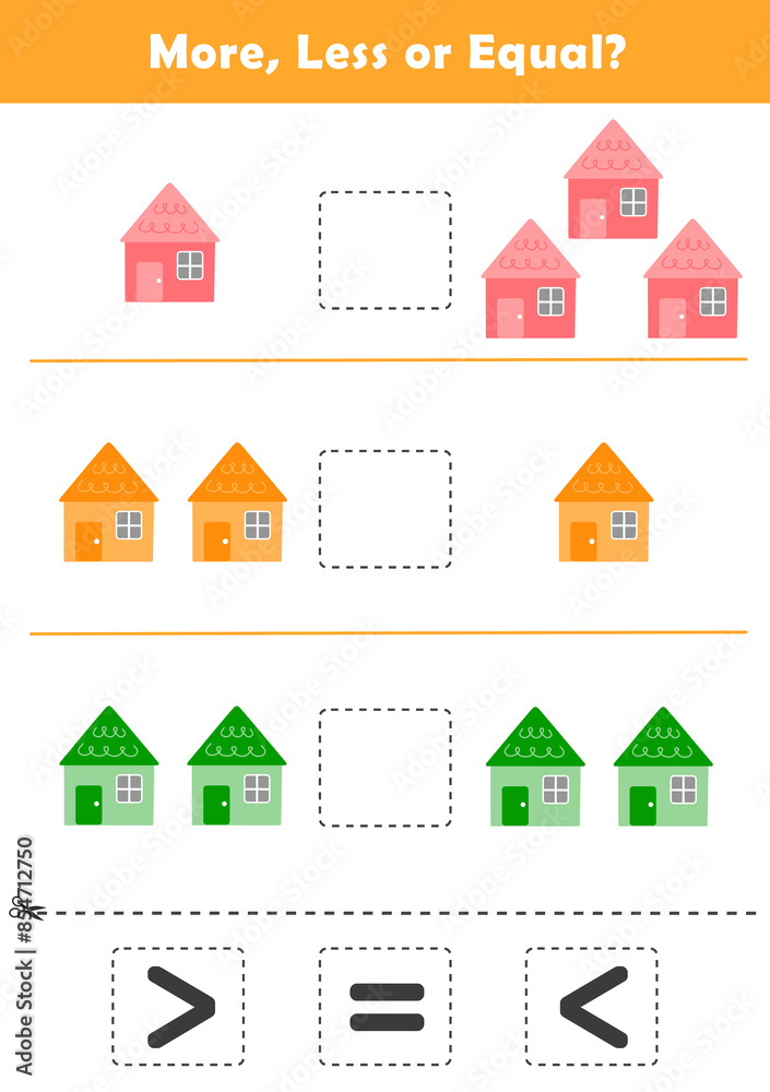 Comparison Worksheet with Cute Cartoon House for Kids. Counting Games ...