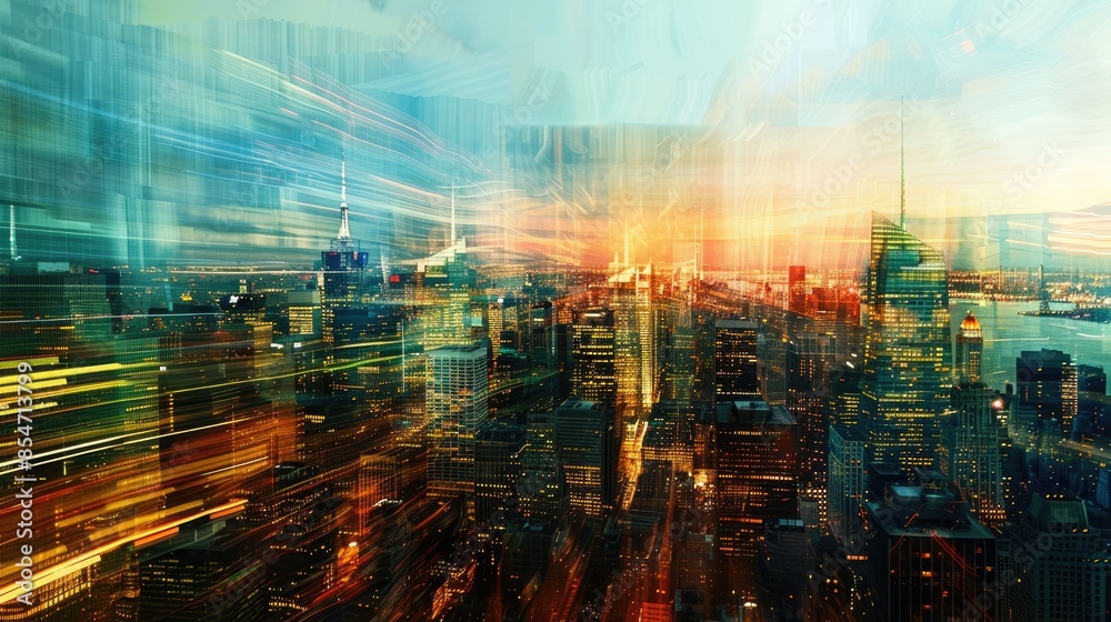 Photograph of a time-lapse image of a bustling city skyline, showcasing ...