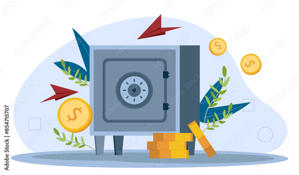 Safe with golden coins. Safe box with cash. Banking services. Savings ...