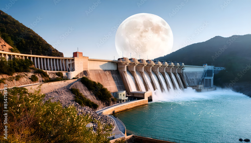 Foto de hydroelectric dam generating power, with water cascading over ...