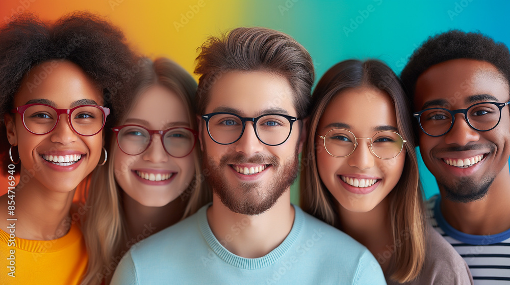 Happy Diverse People, Colorful Rainbow Background. Team, Young Leaders ...