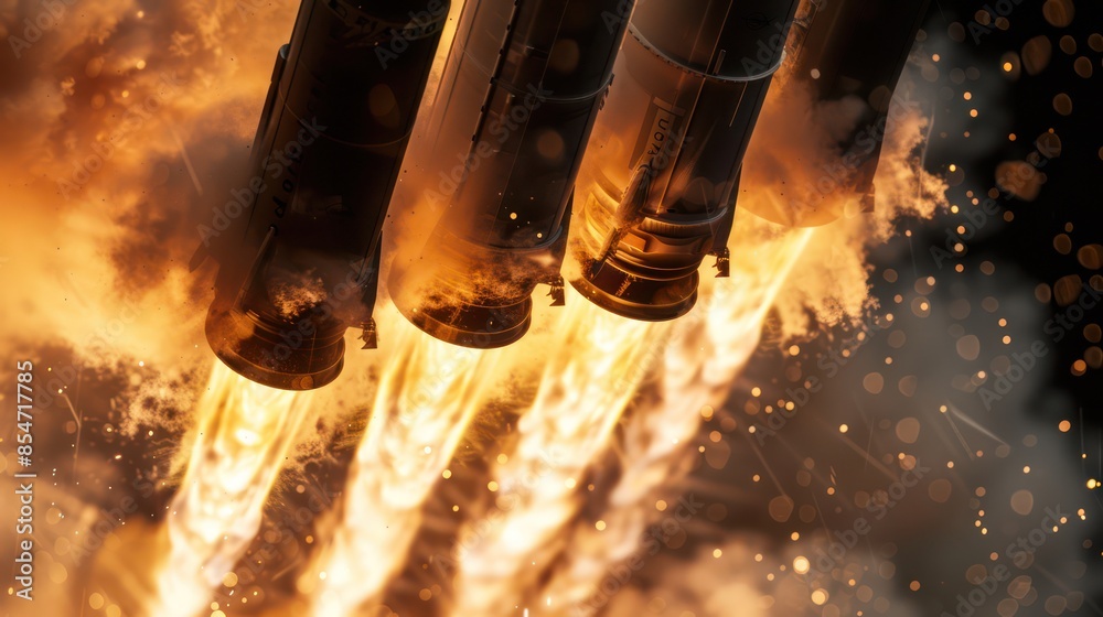 Rocket engines and fire duting the missile launch at night, close up ...