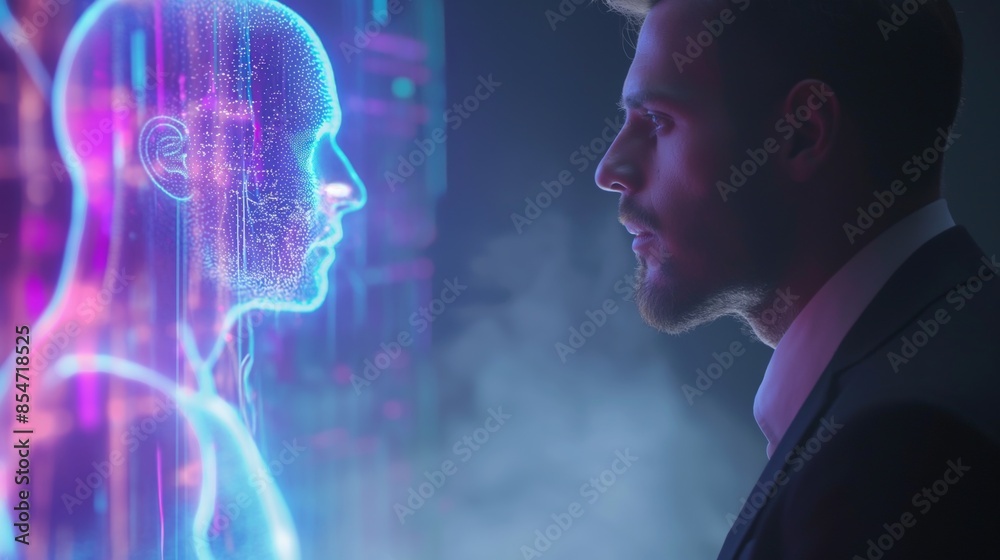 Businessman look at hologram Artificial Intelligence AI translucent ...