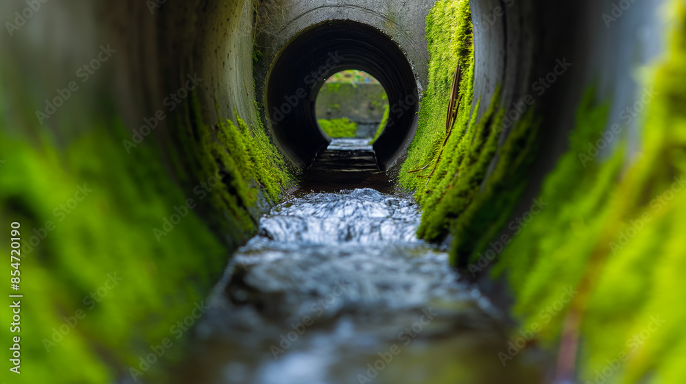 Close-up on rainwater flowing inside a smooth concrete drainage pipe ...