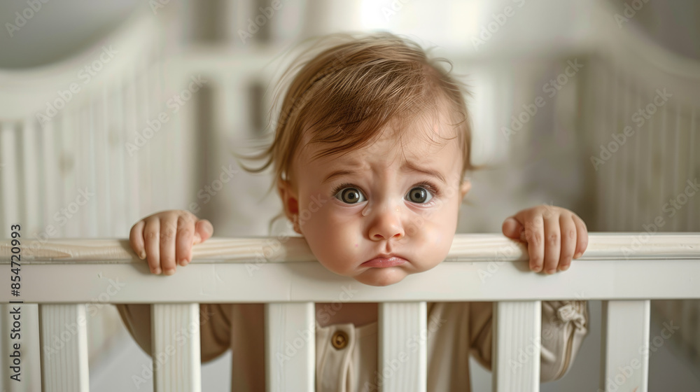 Crying baby standing up in crib, white background, closeup of crying ...