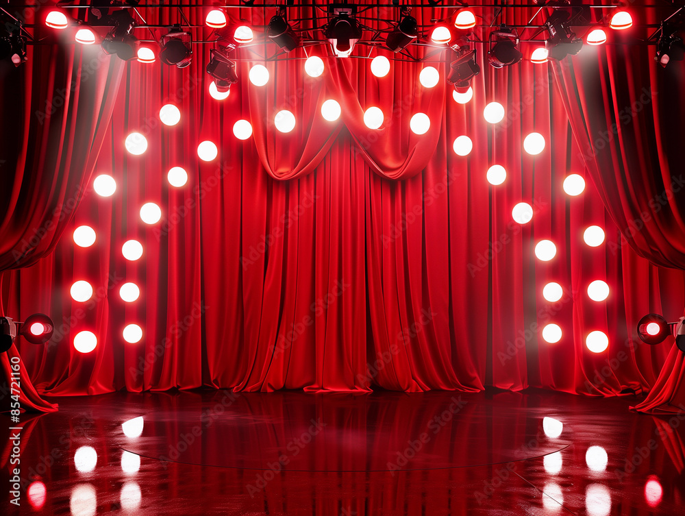 Bold red stage theater spot arch lights draping curtain hanging lace ...