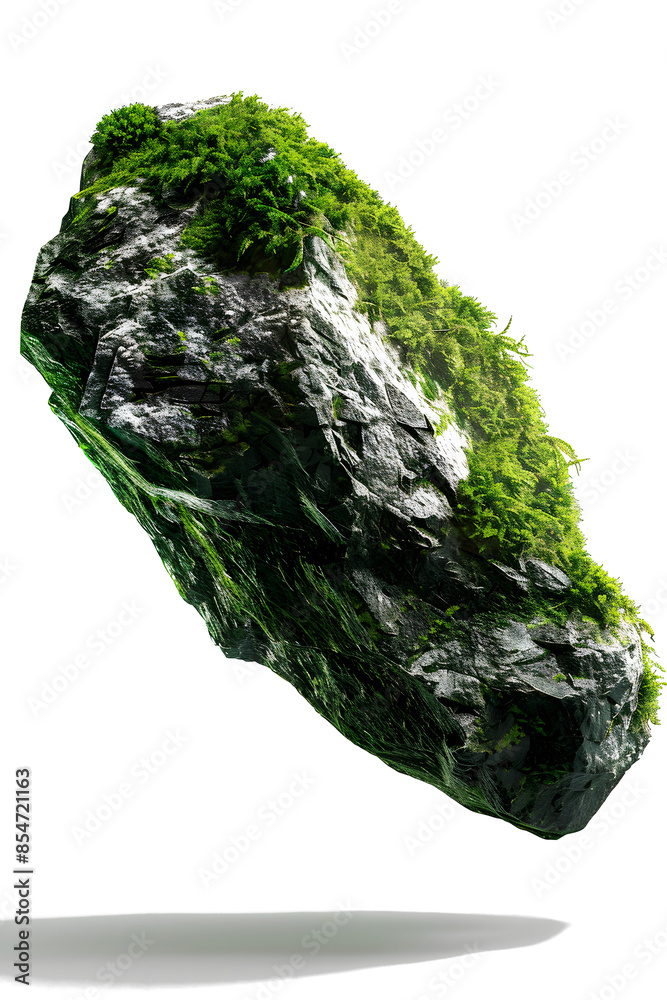 hyperealistic high-quality image of a mossy boulder floating in the air ...