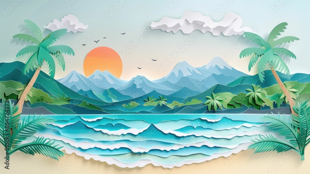 Tropical Island Paper Art Landscape with Serene Beach and Mountainous ...