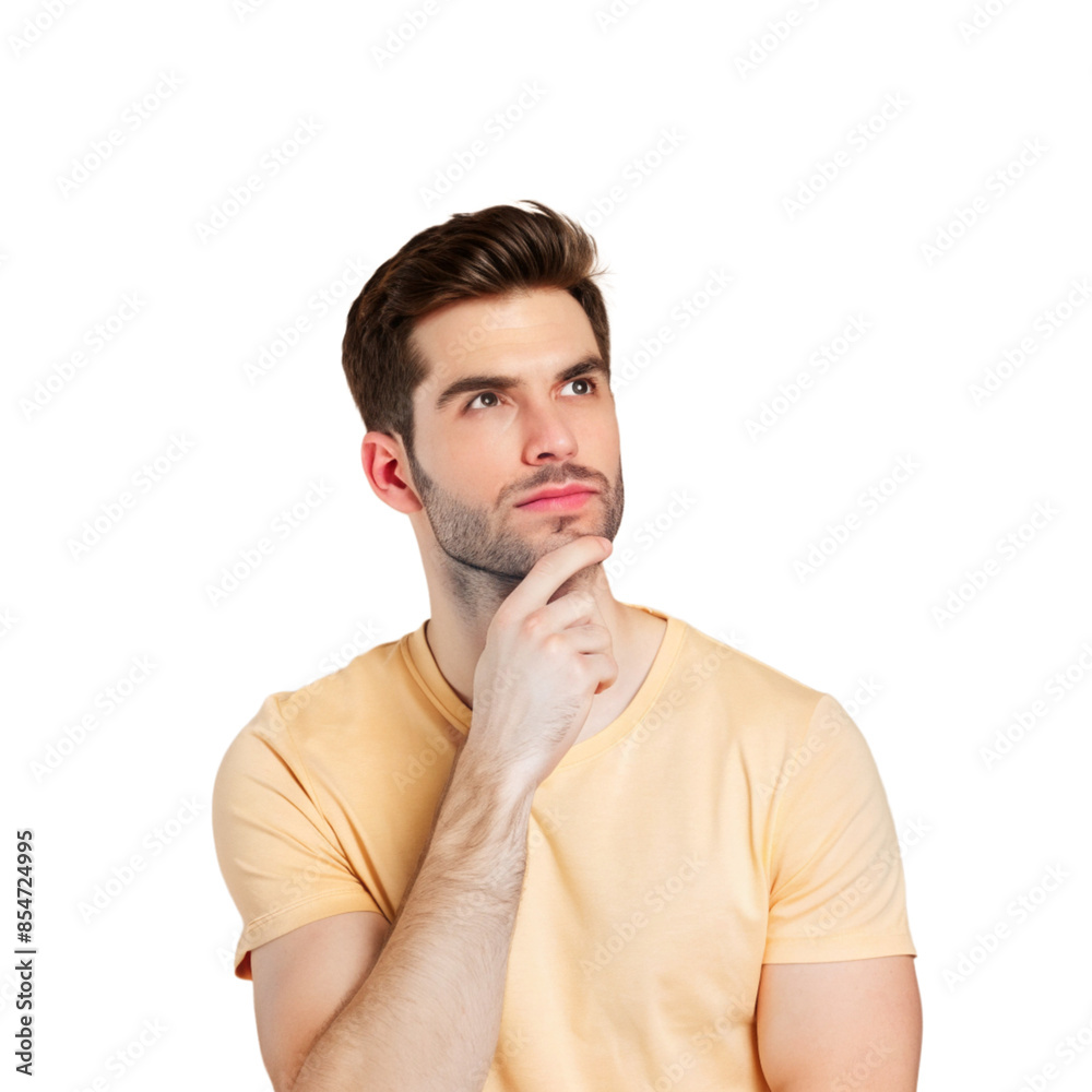 Thinking, man thinking, deciding something on isolated, transparent ...