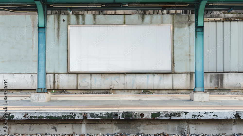 Blank white mock up large billboard sign aboveground train station wall ...