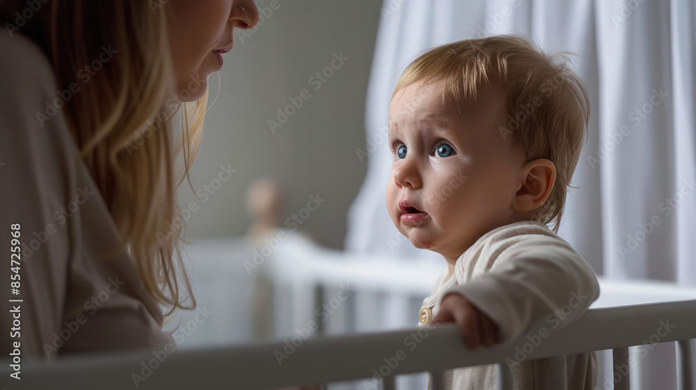 Crying baby standing up in crib, white background, closeup of crying ...