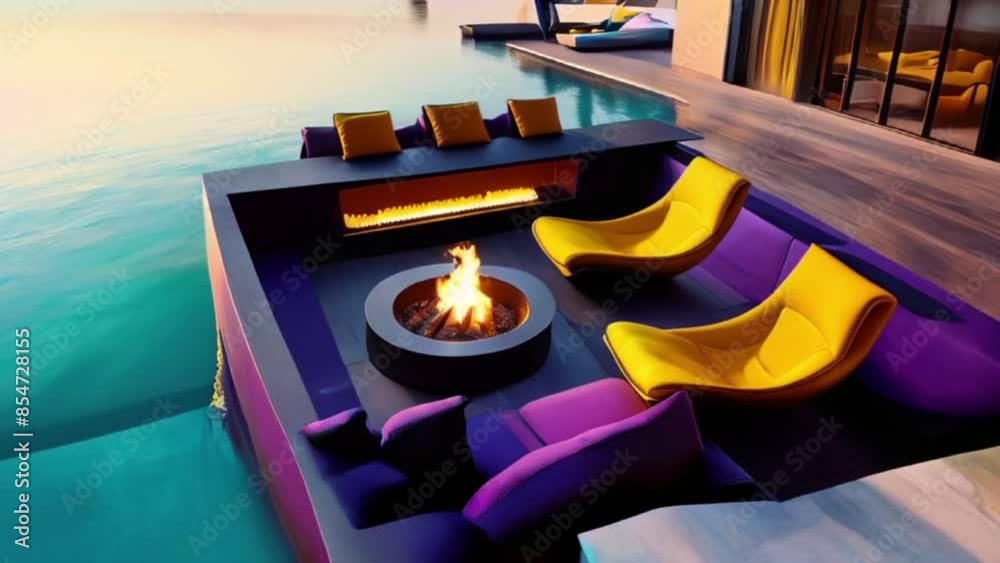 Luxurious swimming pool with cozy floating sofa and burning torch ...