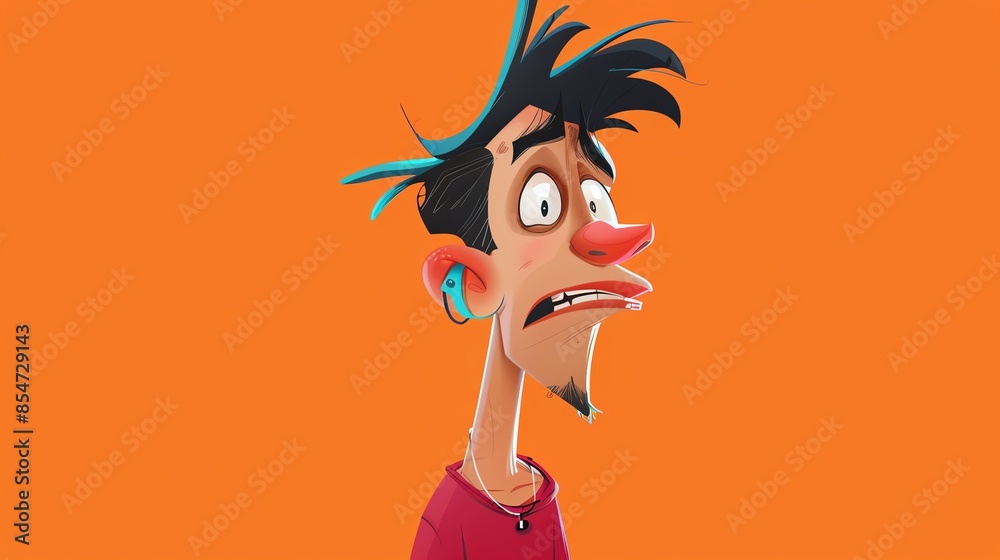 Funny cartoon character, flat design, side view, goofy expression ...