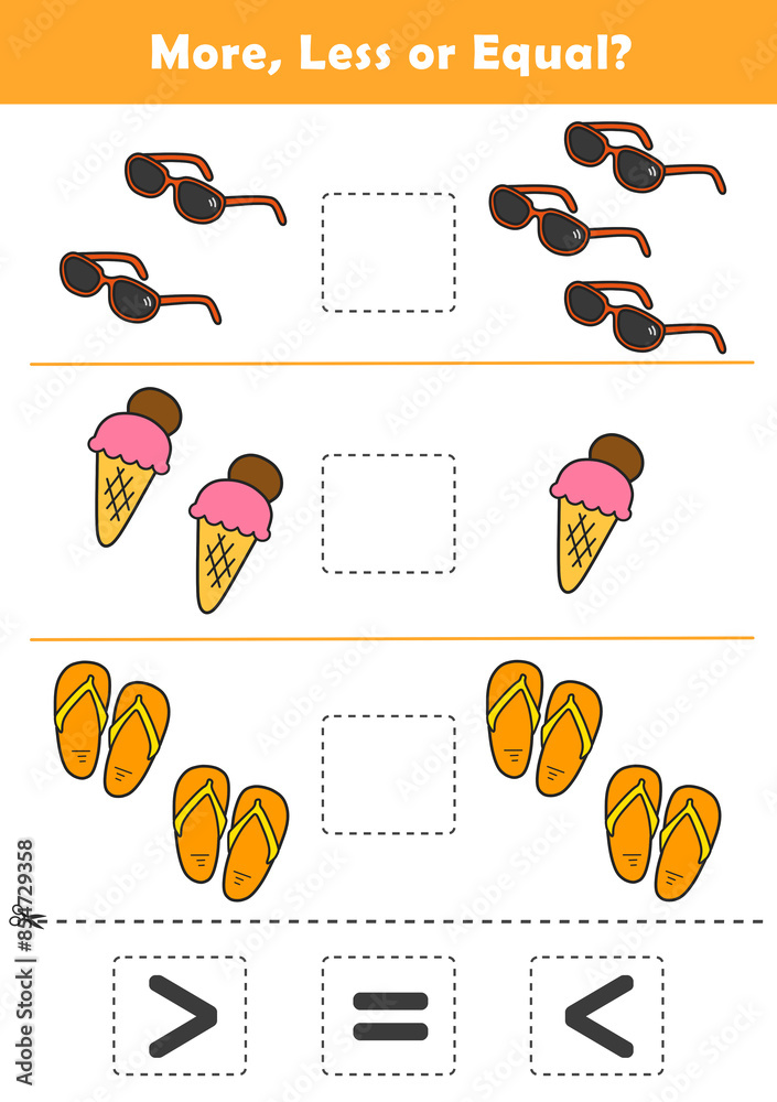 Comparison Worksheet with Cute Cartoon Beach for Kids. Counting Games ...