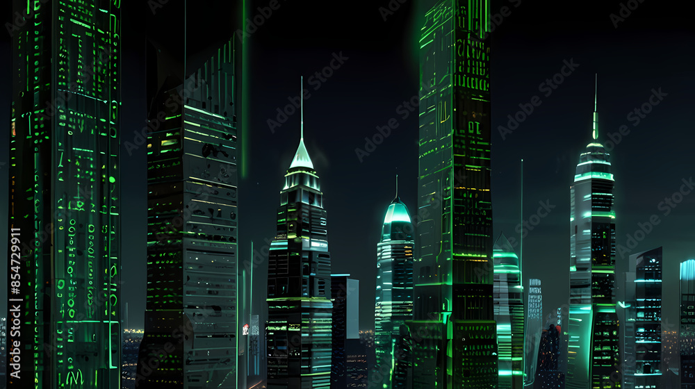 futuristic skyline at night with glowing green matrix code running down ...