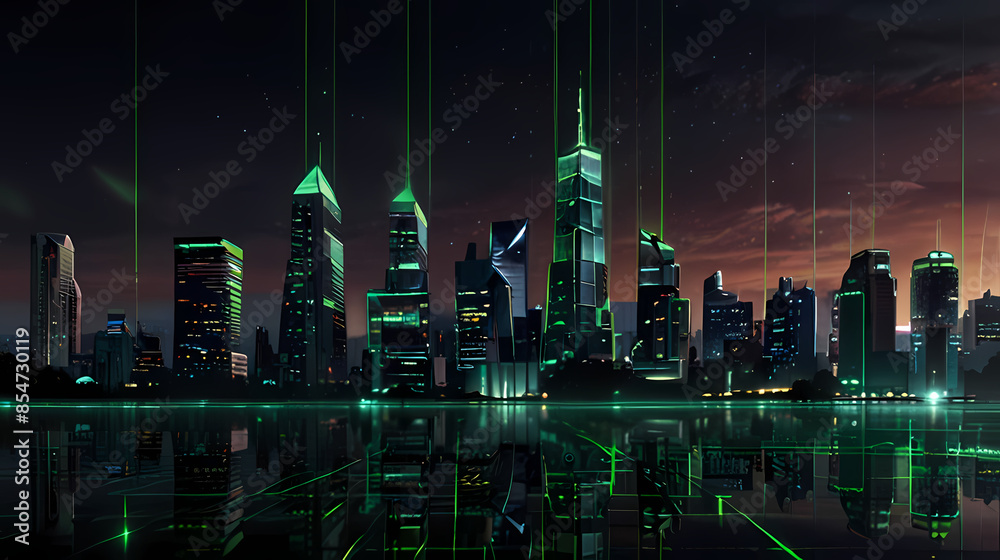 ภาพประกอบสต็อก futuristic skyline at night with glowing green matrix ...