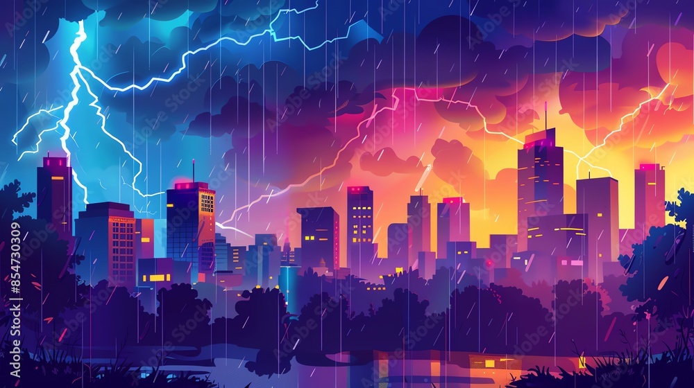 Stormy night in a city, flat design, side view, lightning and rain ...
