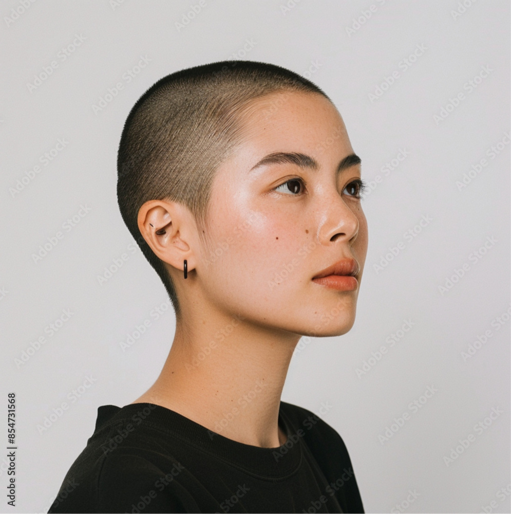 young japanese lady with buzz cut hair with tatoo from side on white ...