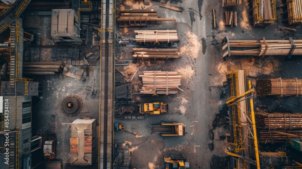 This image shows an aerial view of a lumber mill yard with stacks of ...