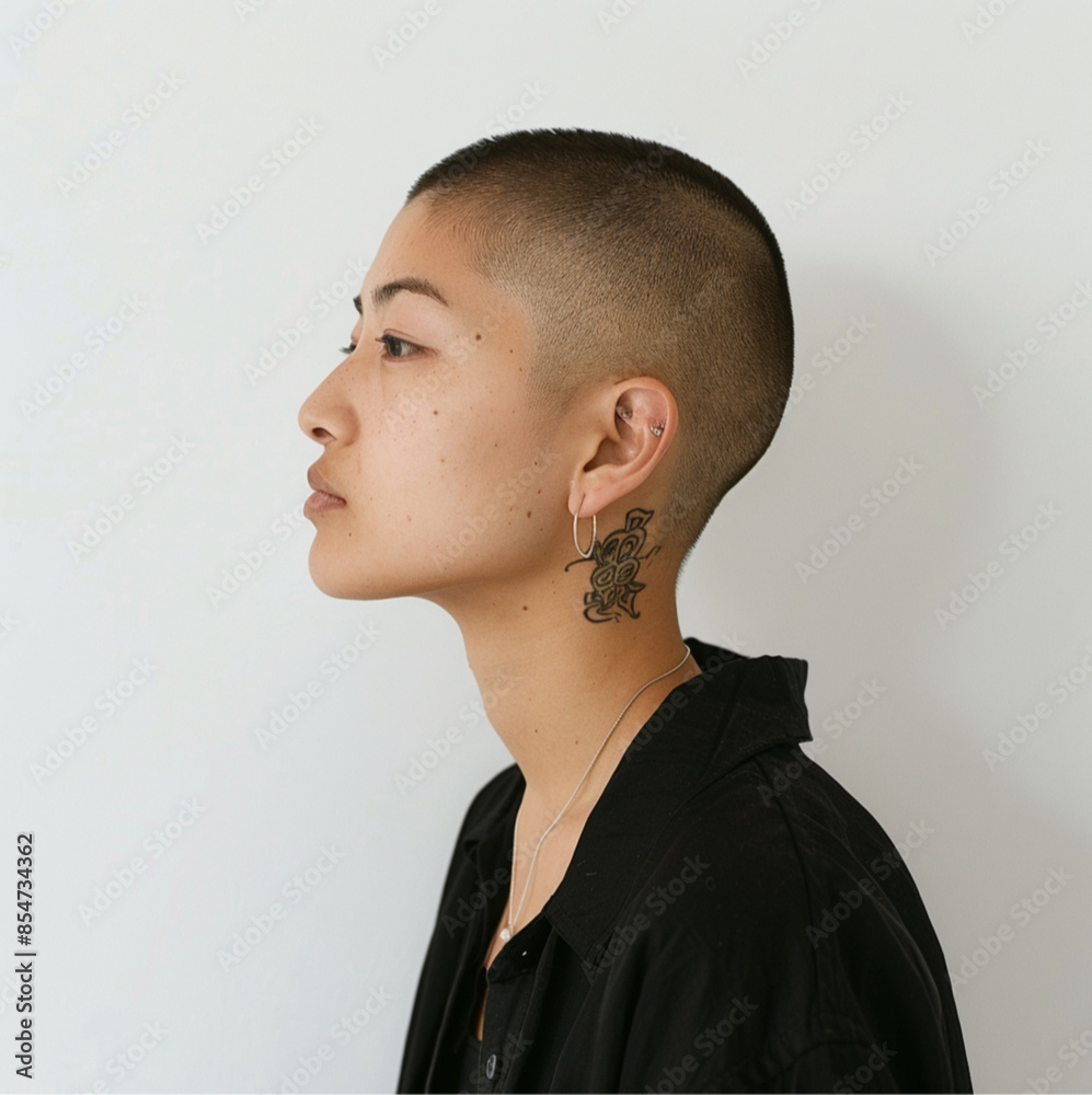 young japanese lady with buzz cut hair with tatoo from side on white ...