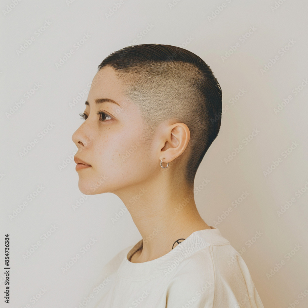 young japanese lady with buzz cut hair with tatoo from side on white ...