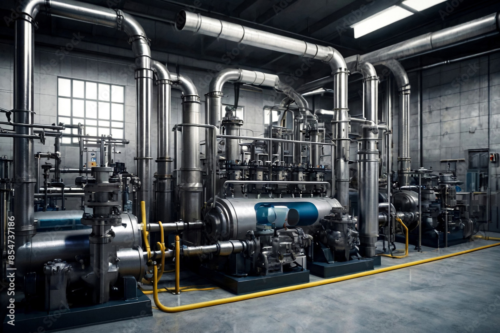 Industrial interior of water pumps, valves, pressure gauges, motors ...