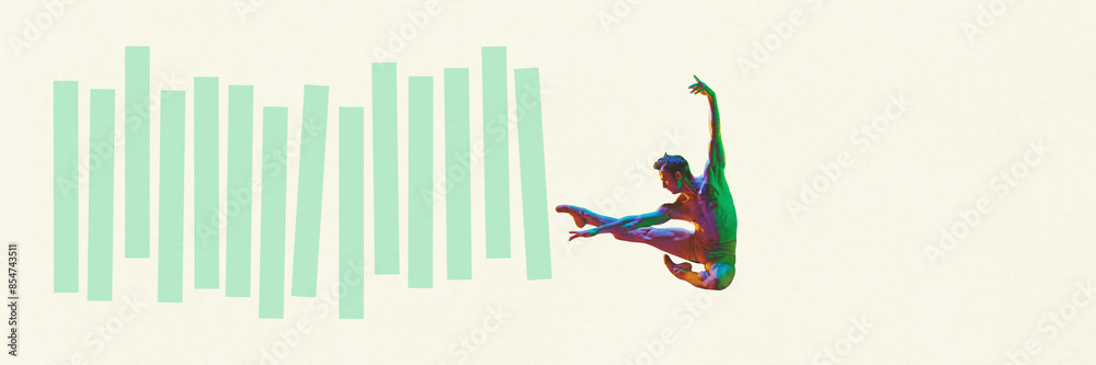Contemporary art collage. Athletic man in neon light leaping in mid-air ...
