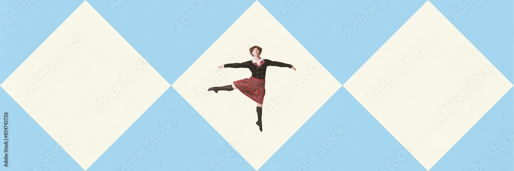 Contemporary art collage. Athletic young ballet dancer dancing against ...