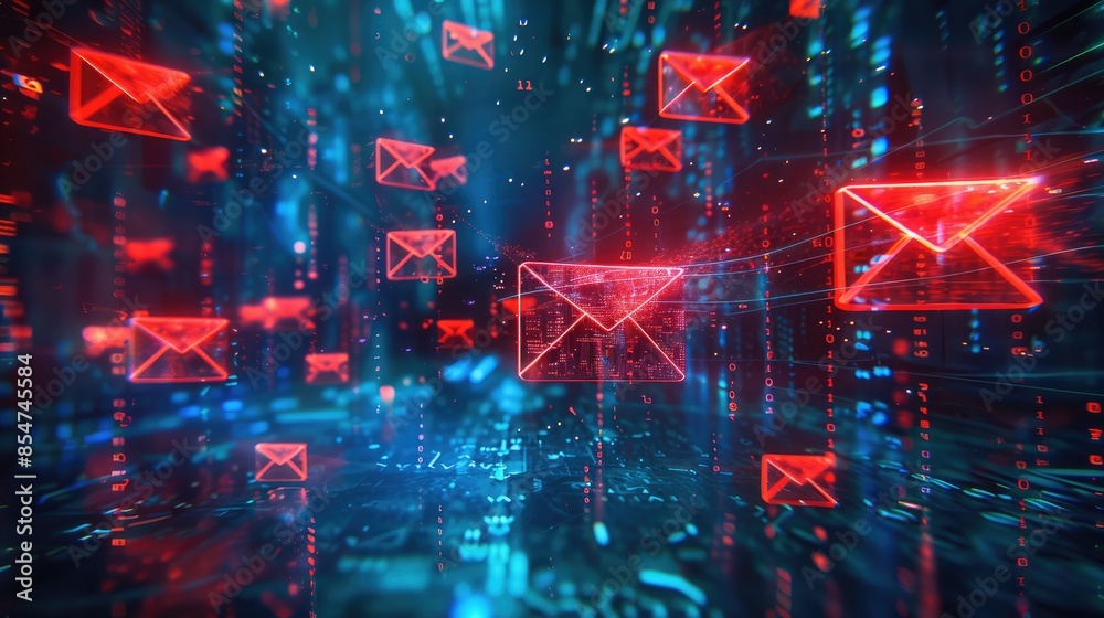 An email phishing scam, floating emails with malicious content, Bright ...