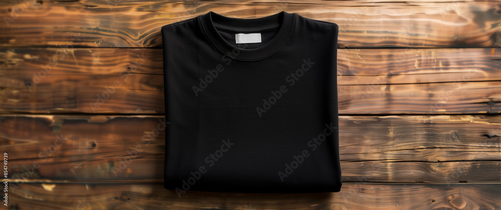 Foto de High-resolution images of black T-shirts laid out on a rustic ...