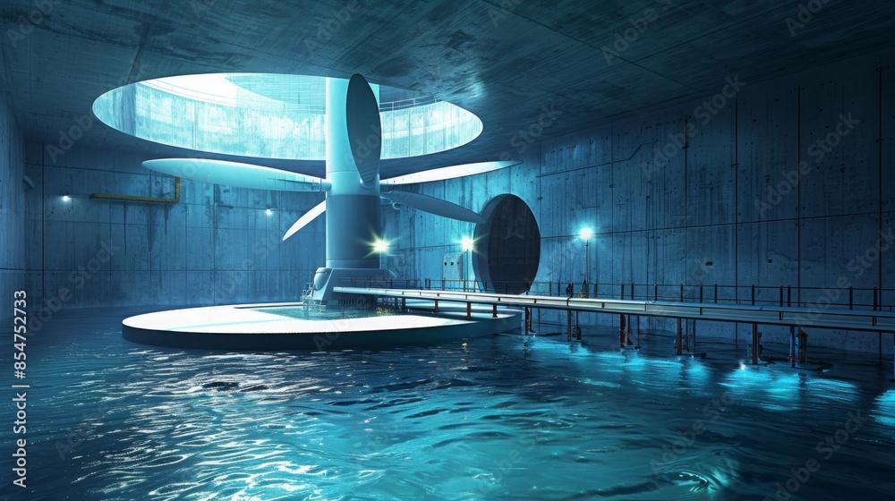 A large turbine with four blades sits in a large, indoor water tank ...
