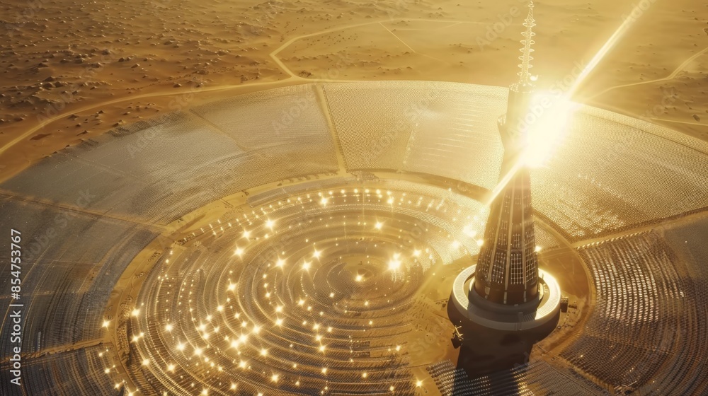 An aerial view of a solar power tower in the desert, surrounded by an ...