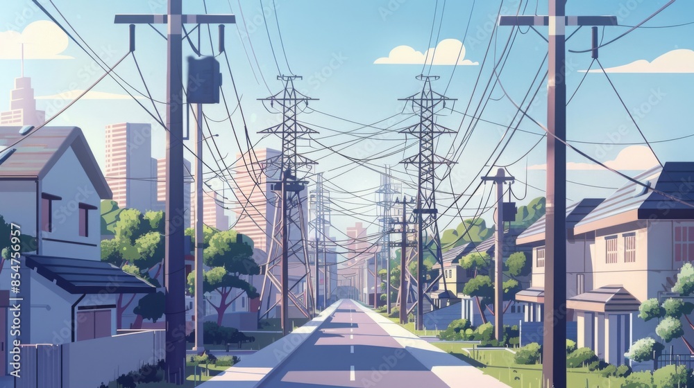 A cartoon illustration of a suburban street lined with houses and power ...