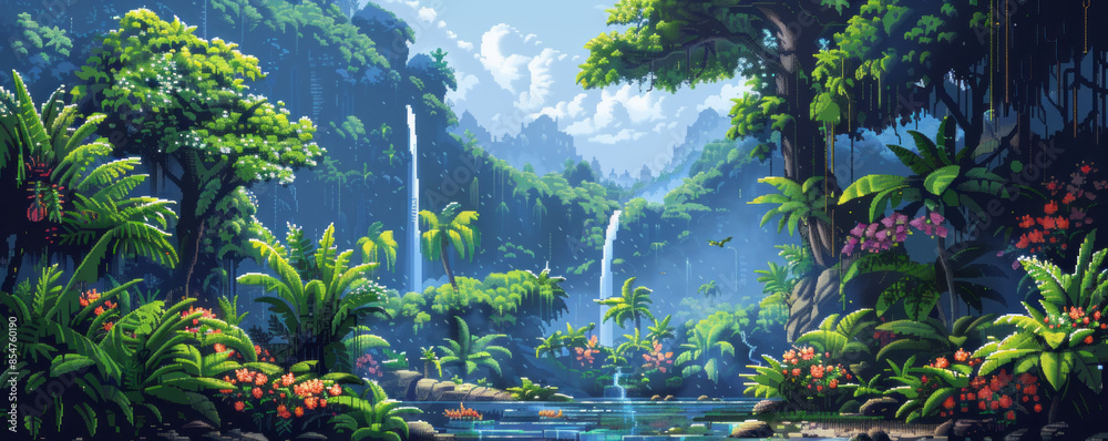 A pixel art rendition of a dense rainforest teeming with life, its ...
