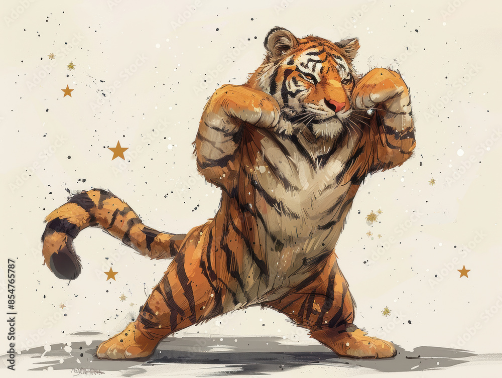 watercolor tiger dabbing with splashing colors , rainbow and little ...