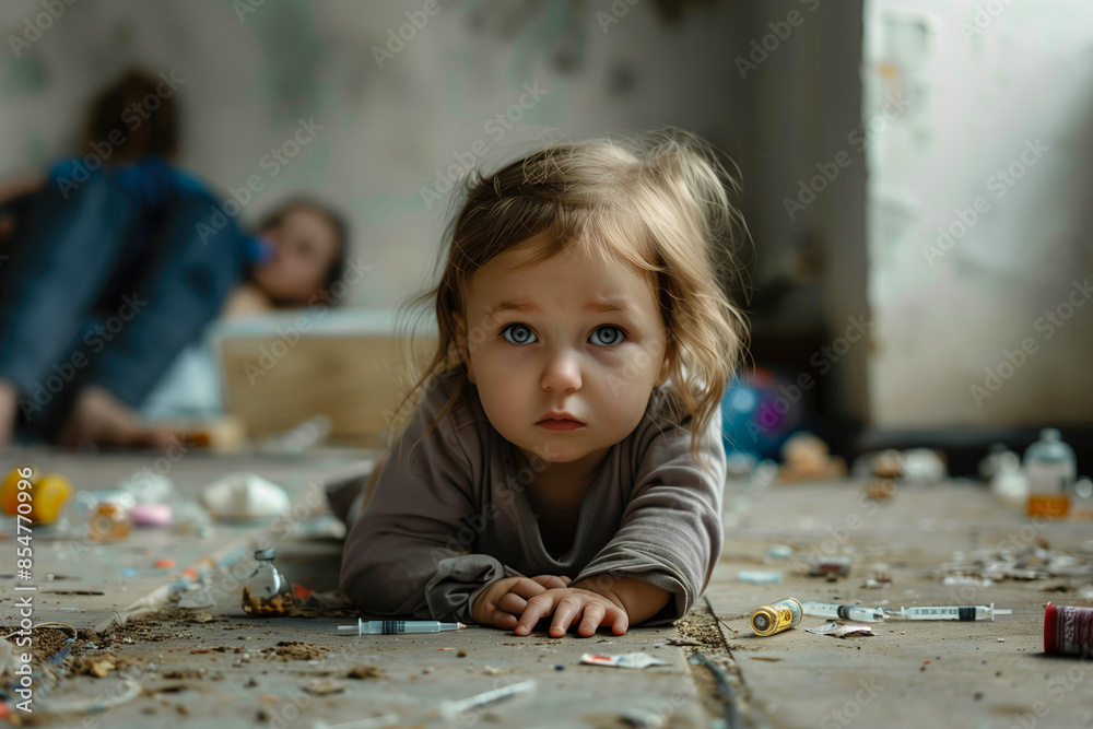 Little girl with sad look looks camera while in dirty apartment ...